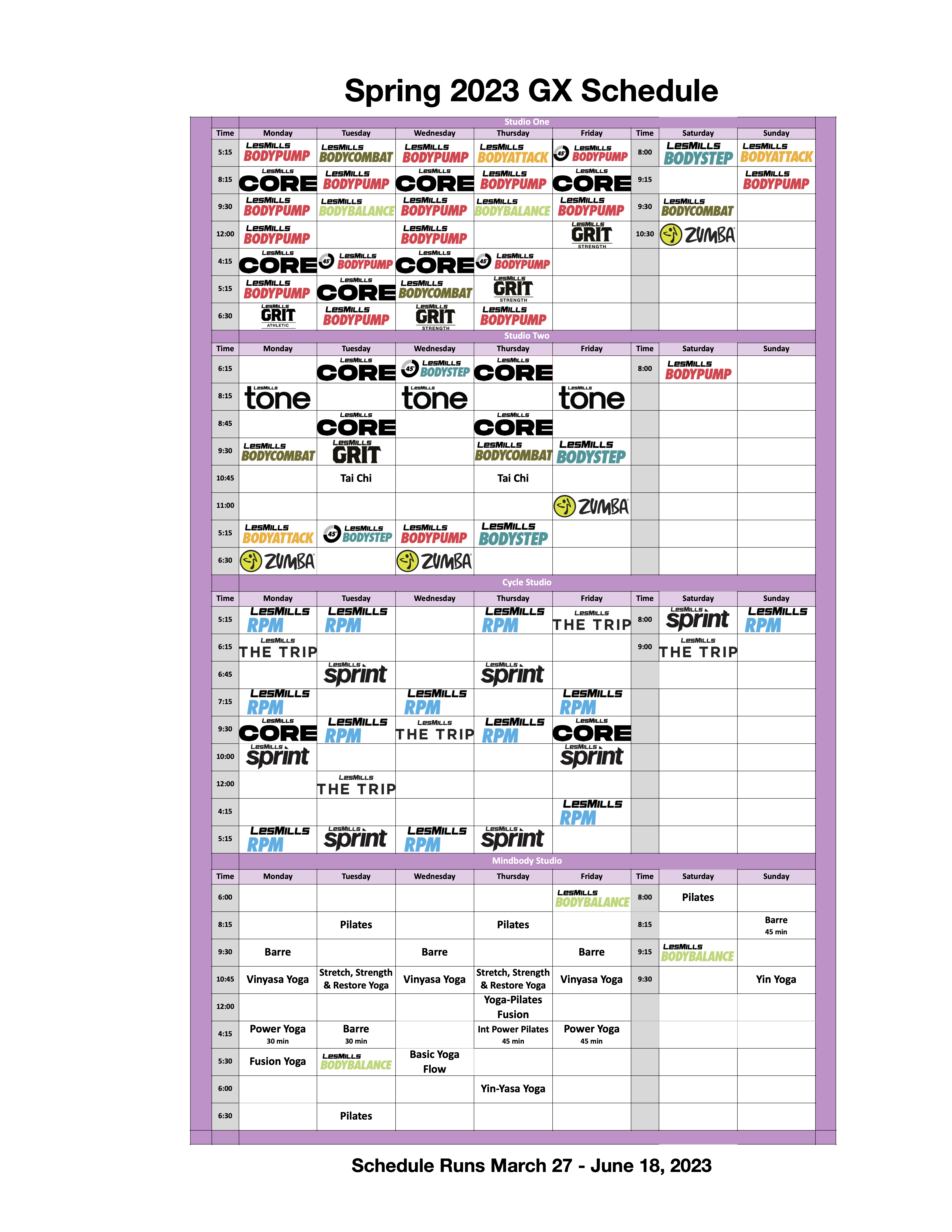 2023 Spring GX Schedule - CBRC Health & Fitness